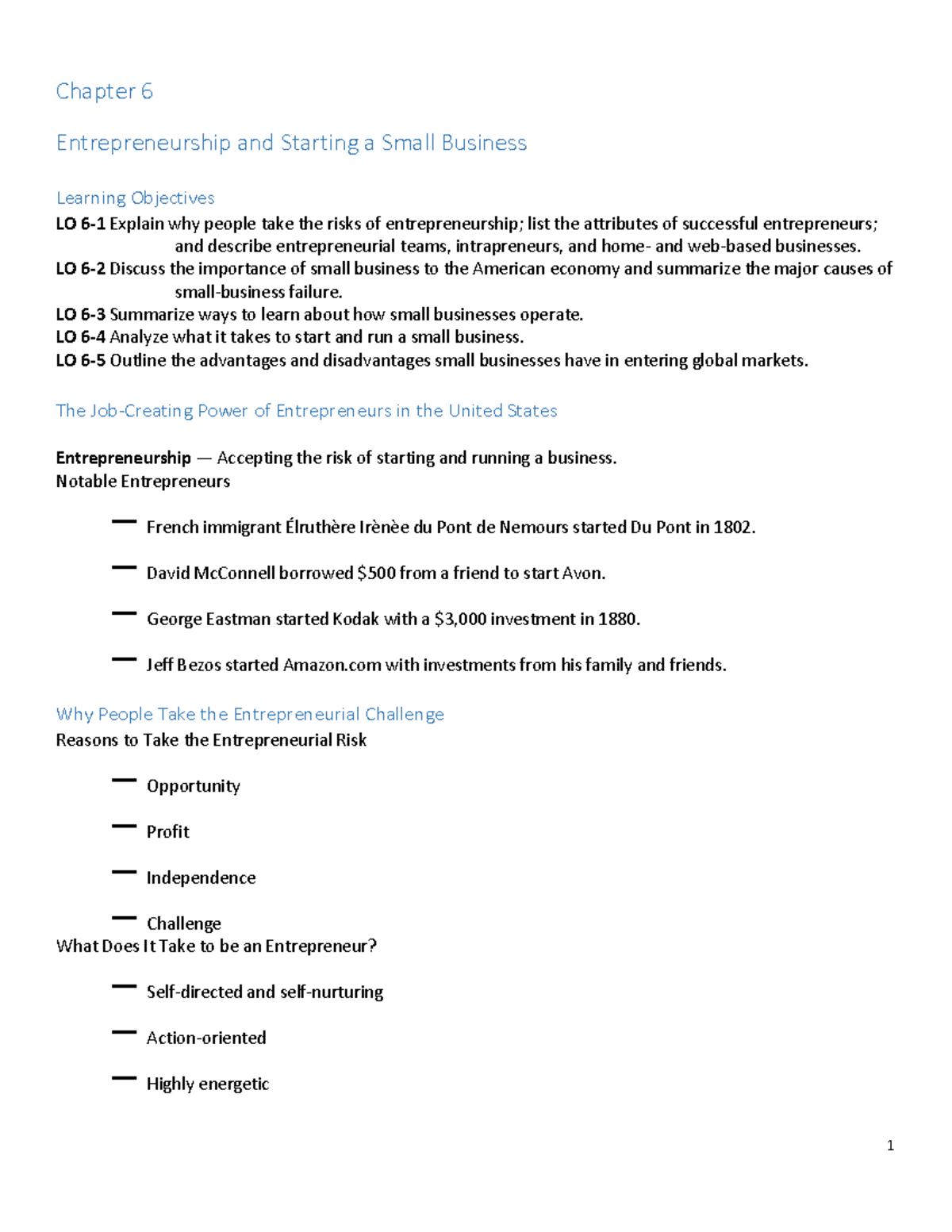 BUS9 Chapter 6 Outline - Chapter 6 Entrepreneurship and Starting a ...