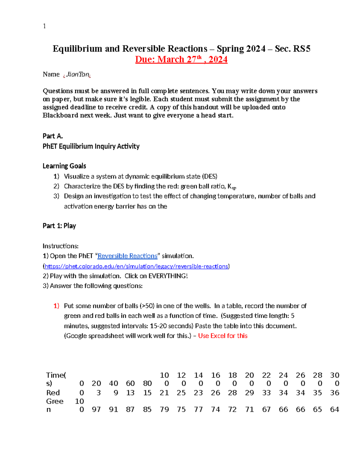 Equilibrium and Reversible Reactions - RS Due: March 27 th , 2024 Name ...