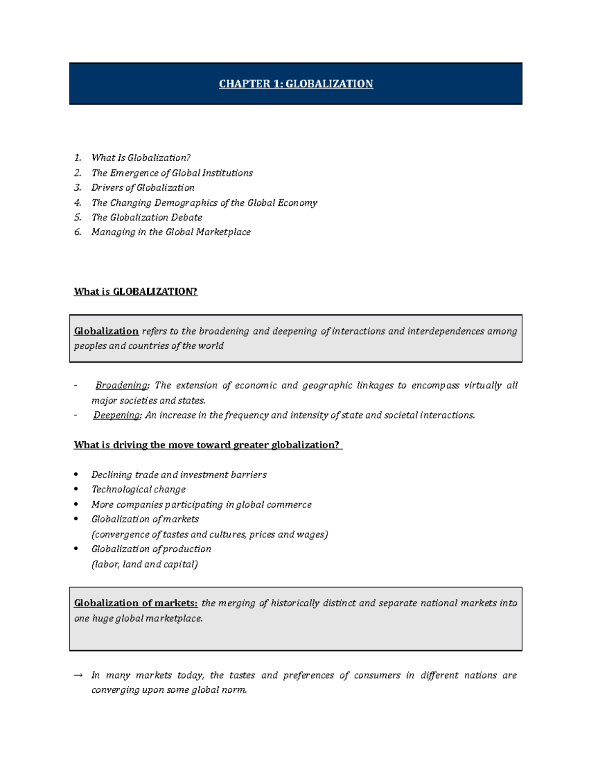 Chapter 1 - Summary International Business - CHAPTER 1: GLOBALIZATION 1. 2. 3. 4. 5. 6. What Is ...