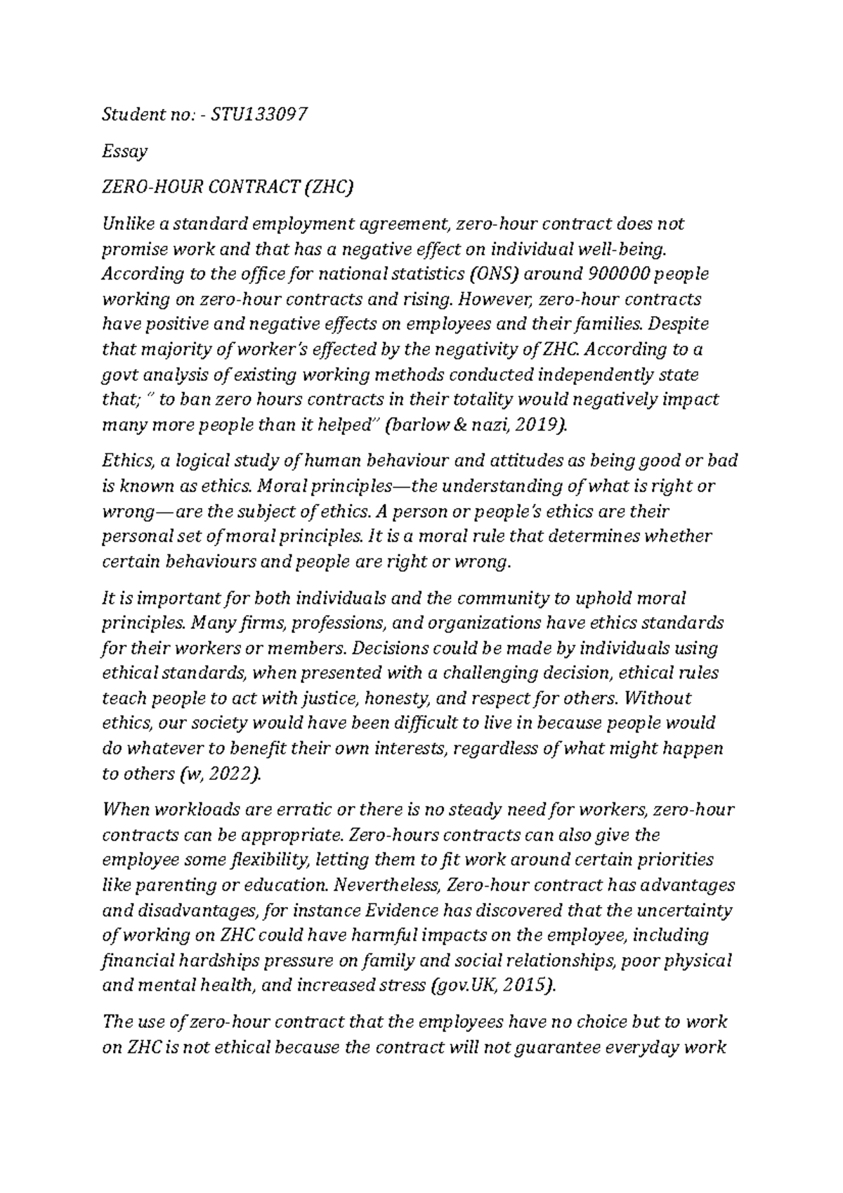 Ethics, Working Collaboratively and Values - Student no: - STU Essay ...