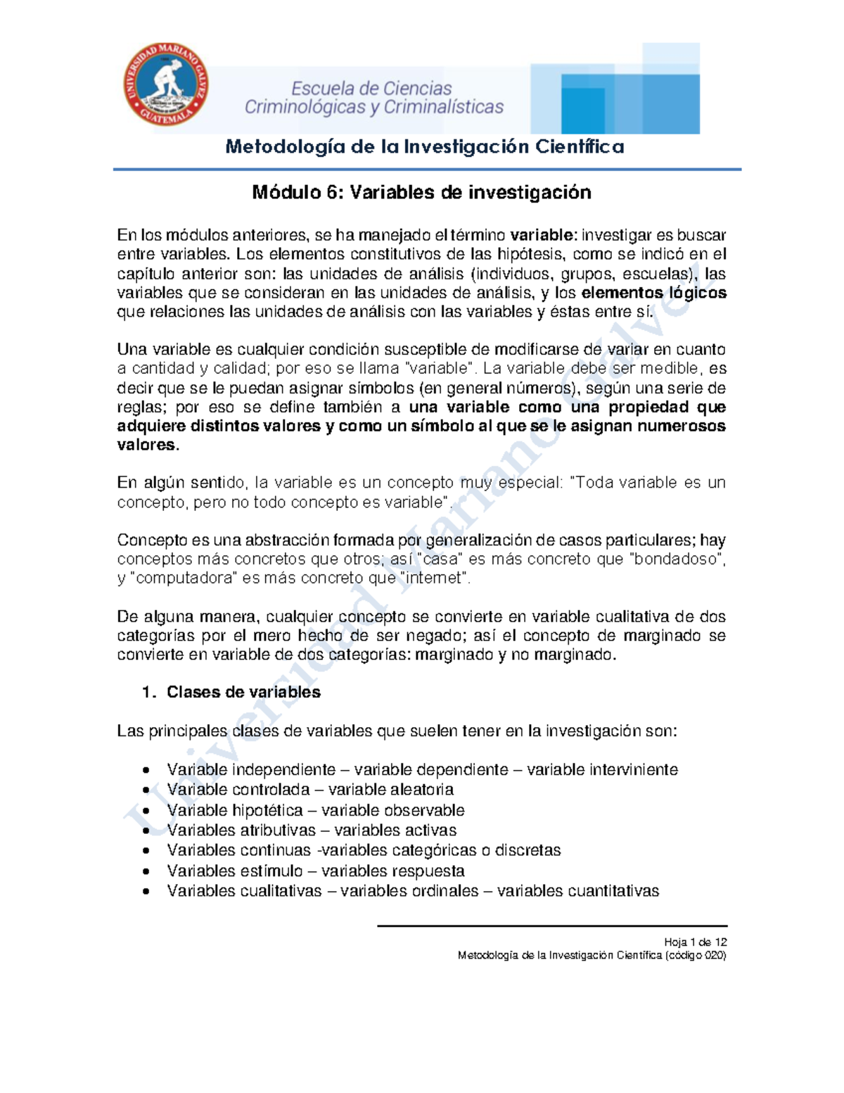 Módulo 6 Variables de la investigación - Hoja 1 de 12 Módulo 6 ...