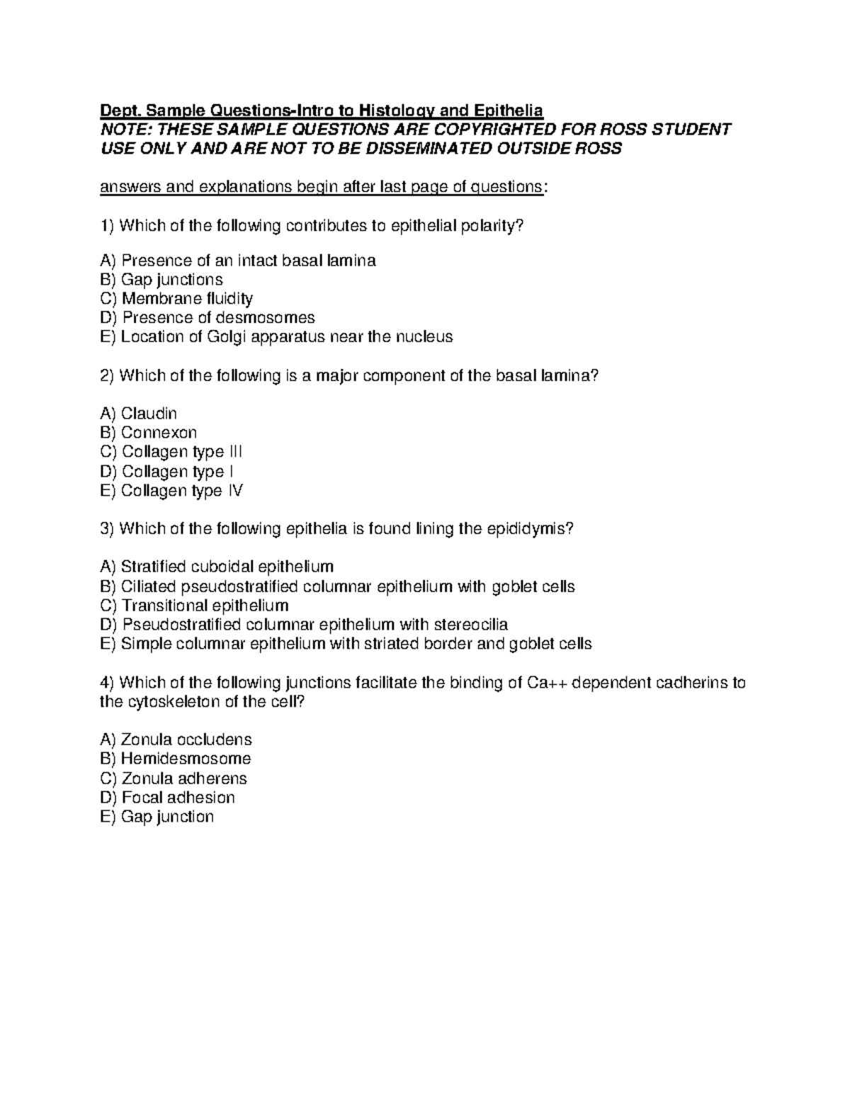 Dept Sample Questions Intro Histology Epithelium - Dept. Sample ...
