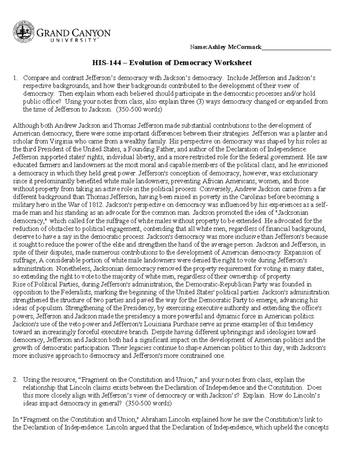 1. Topic 3 Evolution of Democracy Worksheet HIS144 Spring 2024 - Name ...