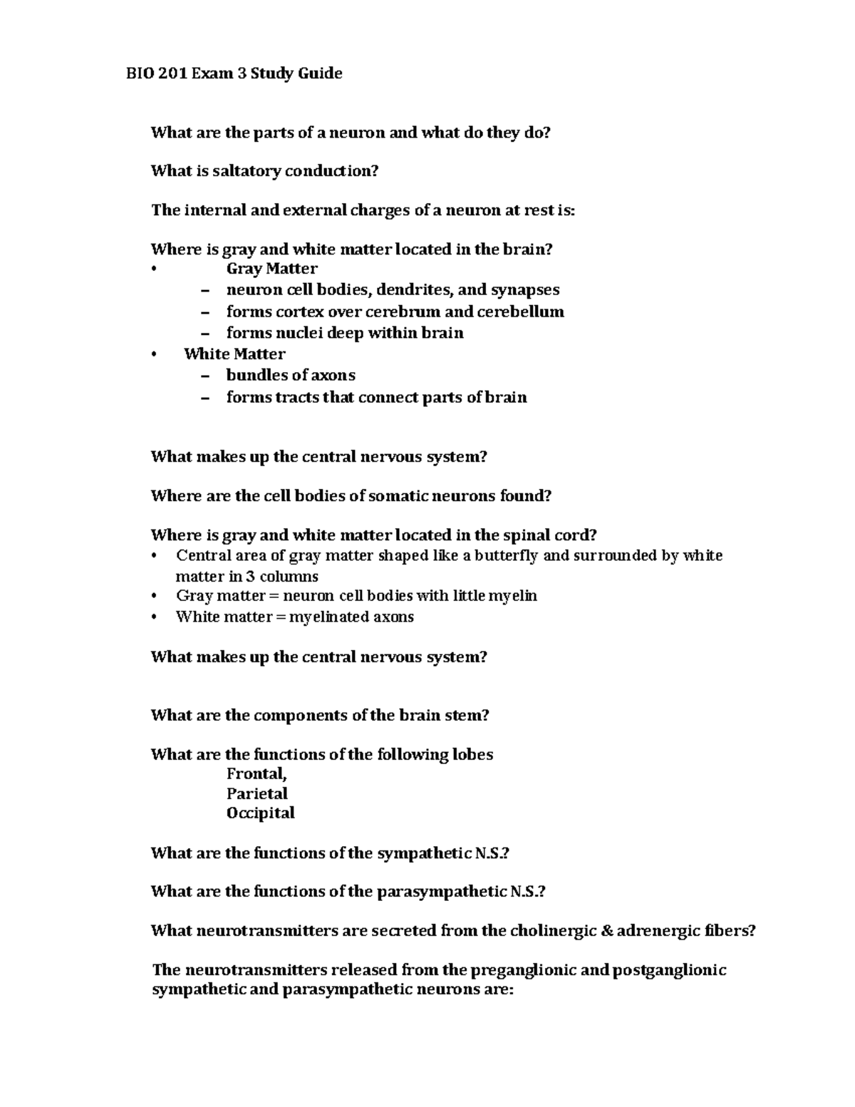 201Exam3 Study Guide - BIO 201 Exam 3 Study Guide What are the parts of ...
