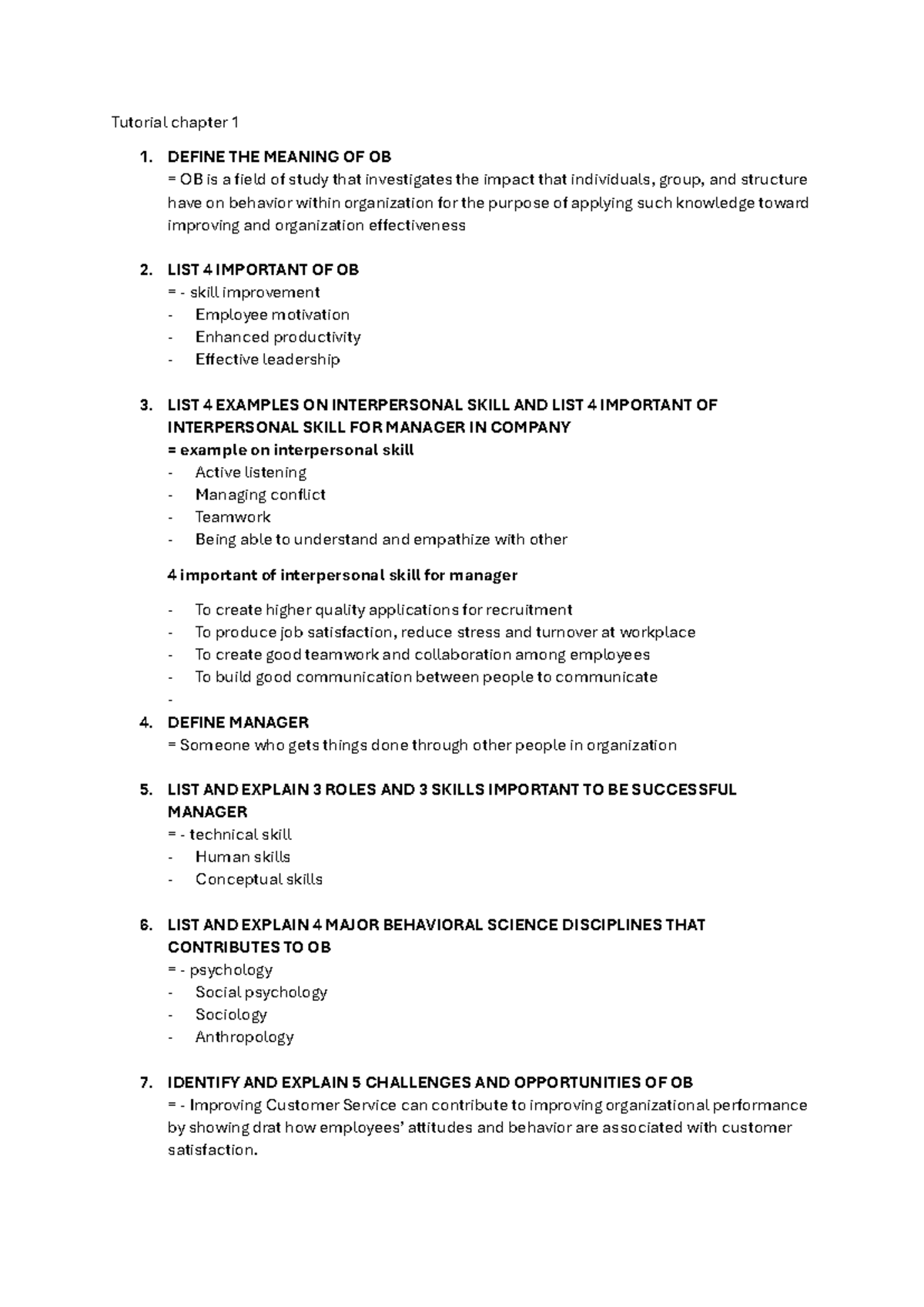 Tutorial chapter 1 mgt548 - Tutorial chapter 1 1. DEFINE THE MEANING OF OB = OB is a field of ...