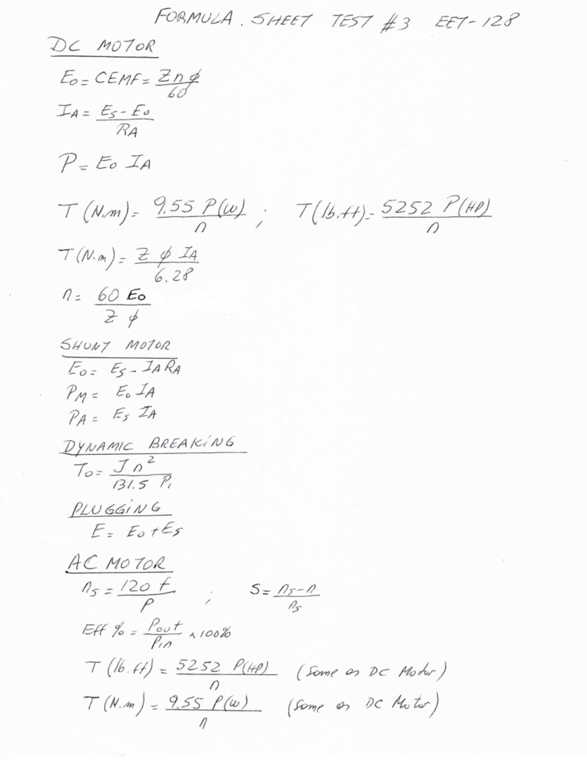 Formula Sheet Test #3 - EET 117 - Studocu