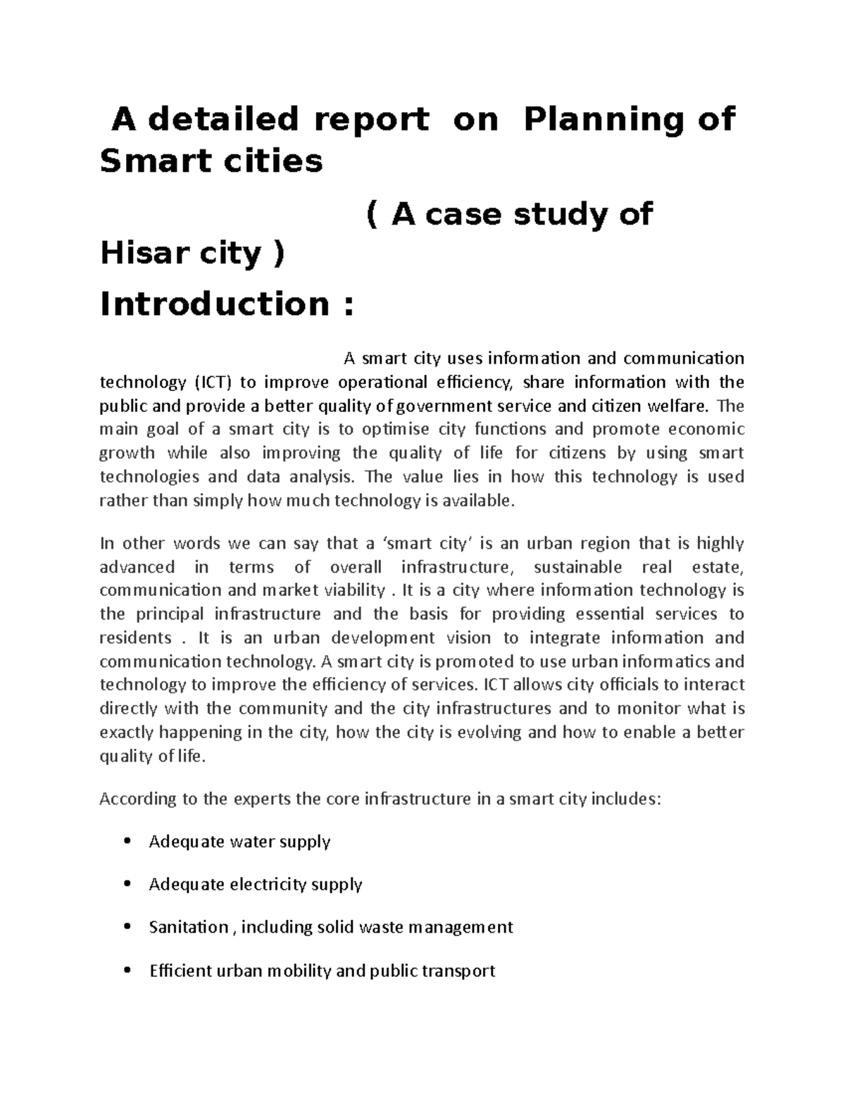 Planning for smart cities project report - A detailed report on ...