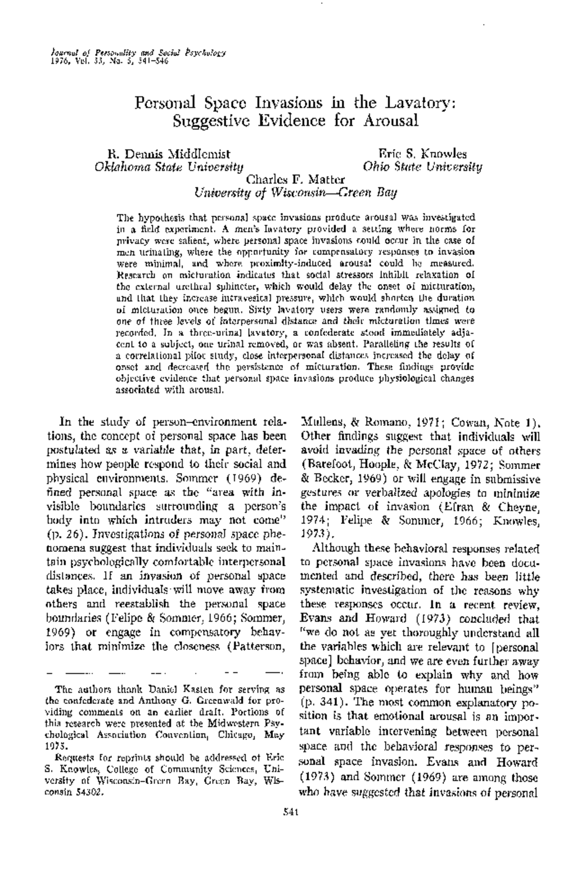 Article 1 Middlemist Knowles Matter 1976 - Journal of Personality and Social Psychology 1976 ...