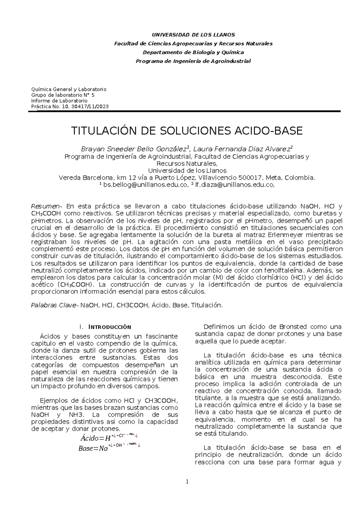 LAB 10 Titulación DE Soluciones Acido-BASE - UNIVERSIDAD DE LOS LLANOS ...