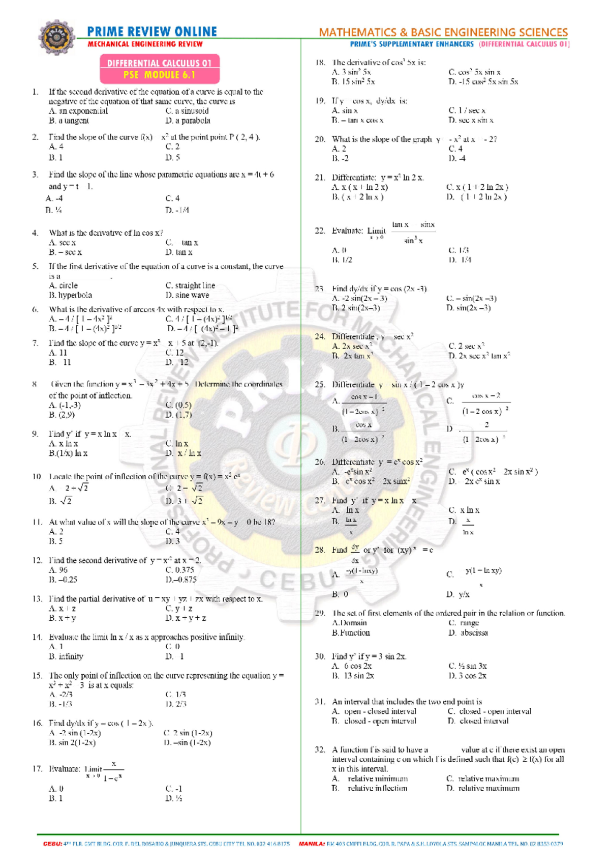 6.1 Differential Calculus 01 Problems - Bachelor of Science in Mechanical Engineering - Studocu