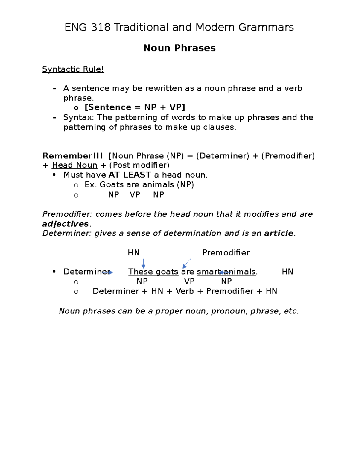 ENG 318 Noun Phrases - Lecture notes 6 - ENG 318 Traditional and Modern ...