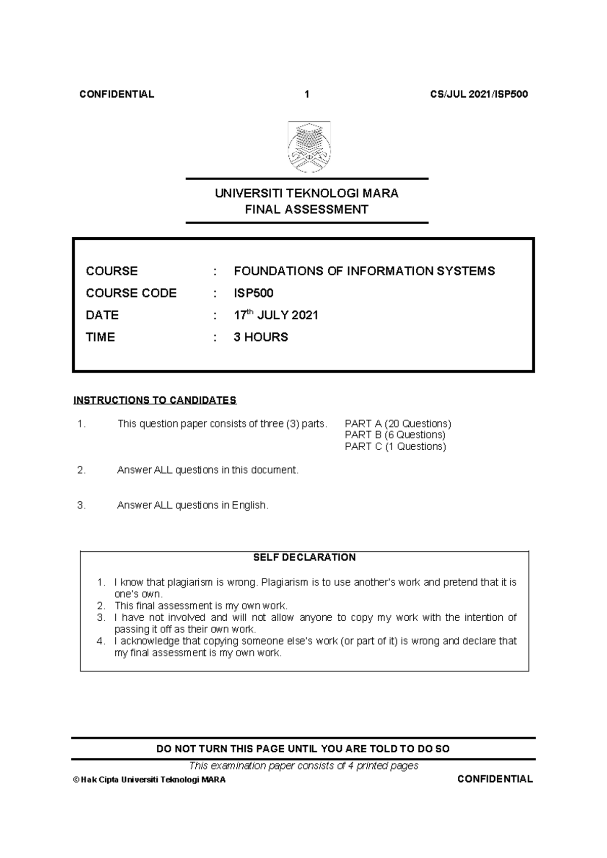 ISP500 JUL 2021 - semoga bermanfaat kepada semua - CONFIDENTIAL 1 CS/JUL 2021/ISP UNIVERSITI ...