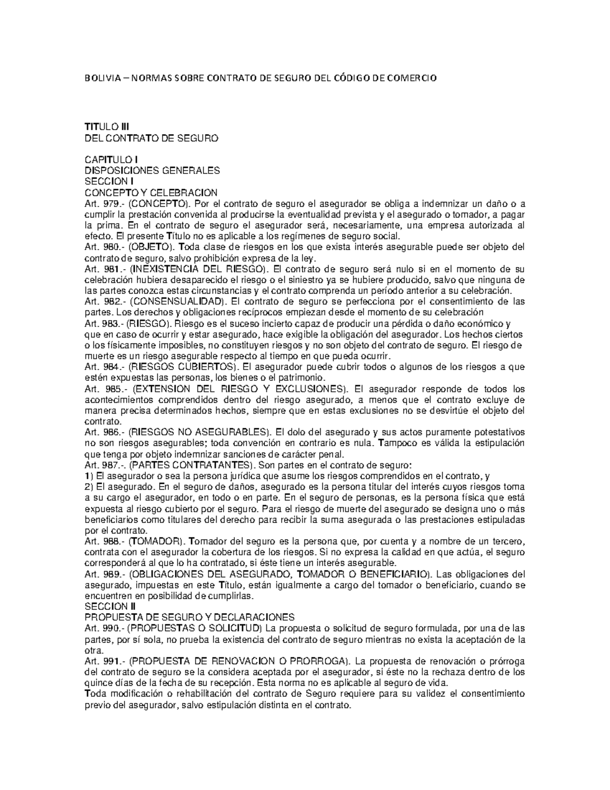 Bolivia-Codigo-Comercio - BOLIVIA – NORMAS SOBRE CONTRATO DE SEGURO DEL C”DIGO DE COMERCIO ...