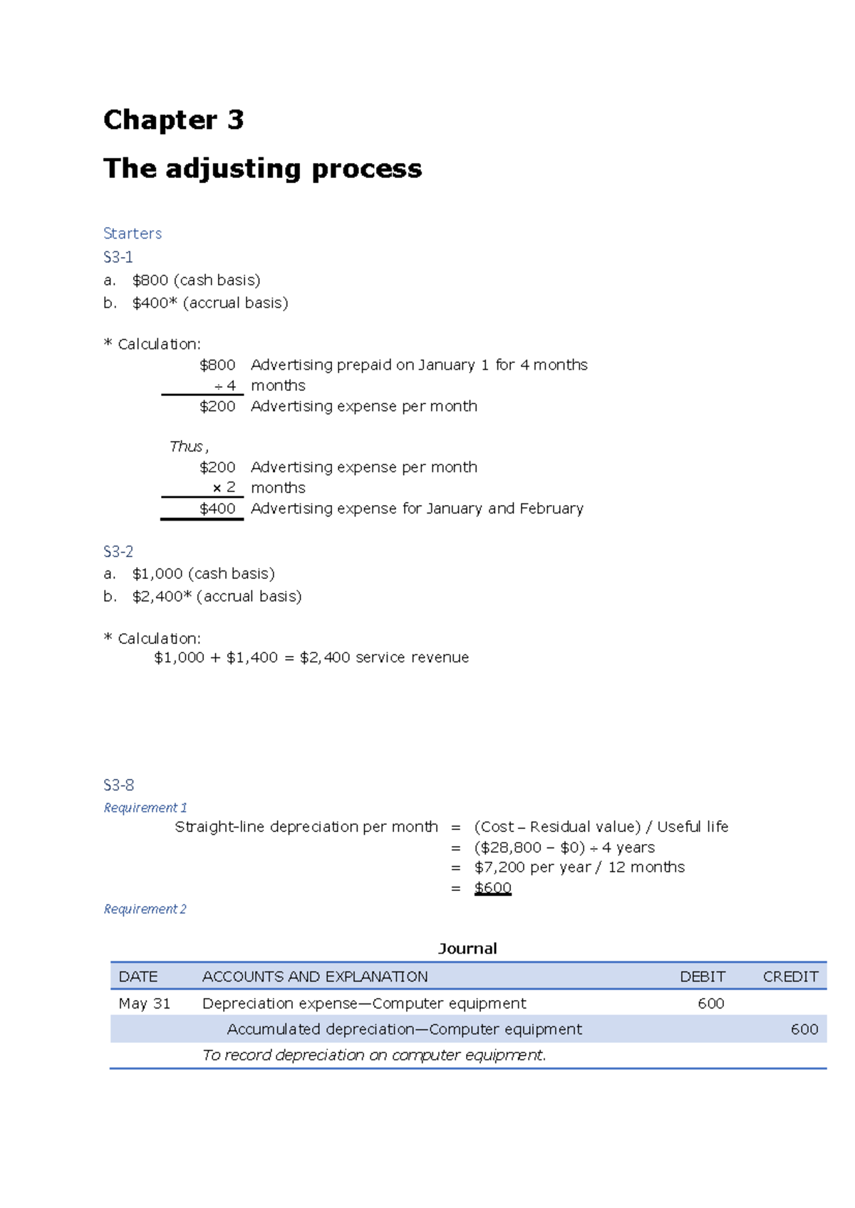 Chapter 3 Tutorial Solution - Chapter 3 The adjusting process Starters S3- 1 a. $800 (cash basis ...