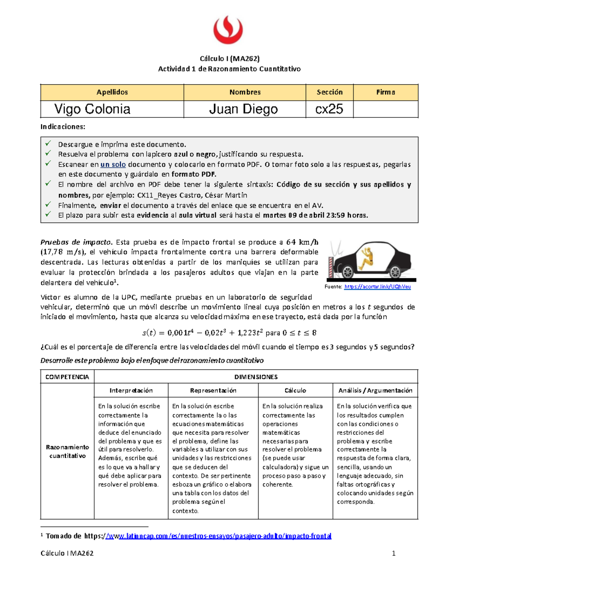 Actividad 1 RC Movimiento Rectilíneo - Cálculo I (MA262) Actividad 1 de ...