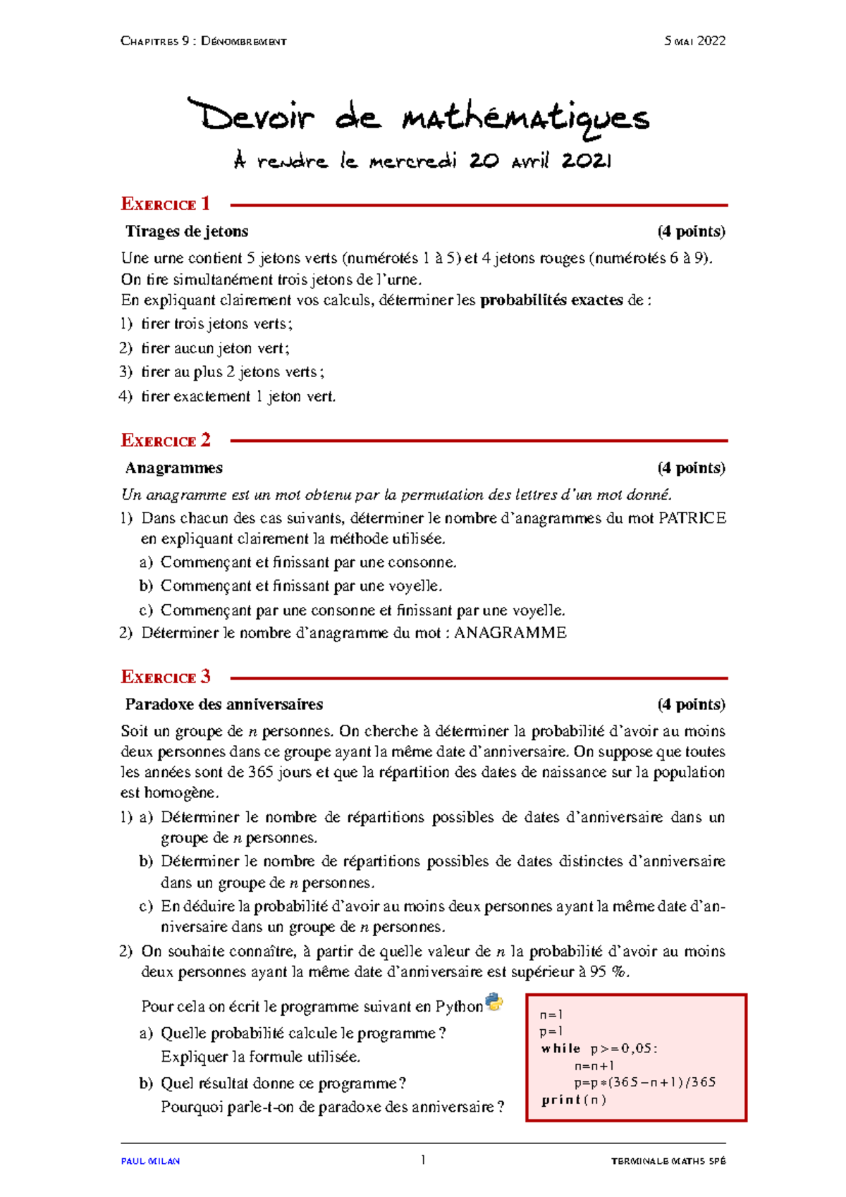 09 devoir 20 04 2022 - jiio - Chapitres 9 : D ́enombrement 5 mai 2022 Devoir de mathématiques À ...