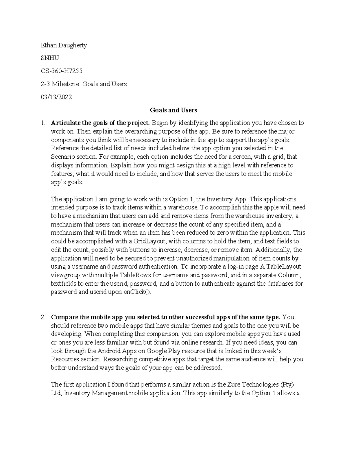 Ed - CS360 - 2-3 Milestone Goals and Users - Ethan Daugherty SNHU CS-360-H 2-3 Milestone: Goals ...