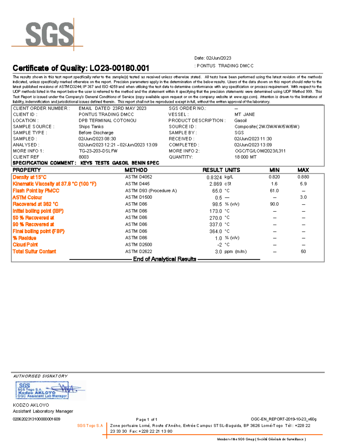 MT JANE KEYS Tests Gasoil Benin SPEC FOR Pontus Trading DMCC 0206Y23 ...