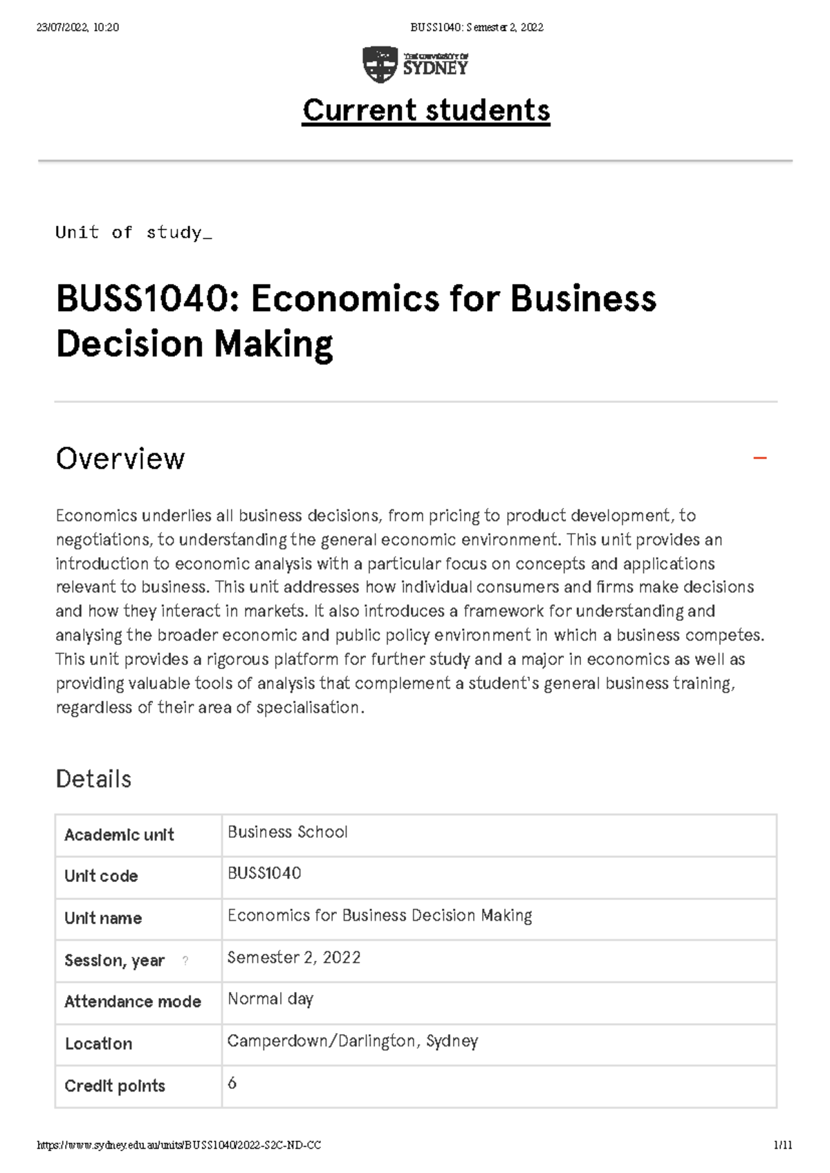 BUSS1040 Unit Outline - Unit of study_ BUSS1040: Economics for Business ...