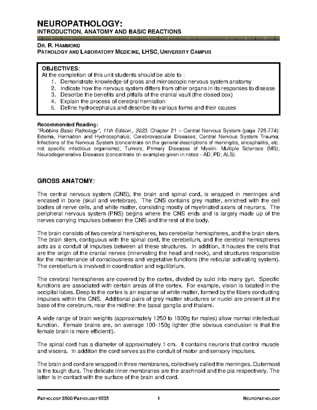 Neuropathology+2023 - NEUROPATHOLOGY: INTRODUCTION, ANATOMY AND BASIC ...