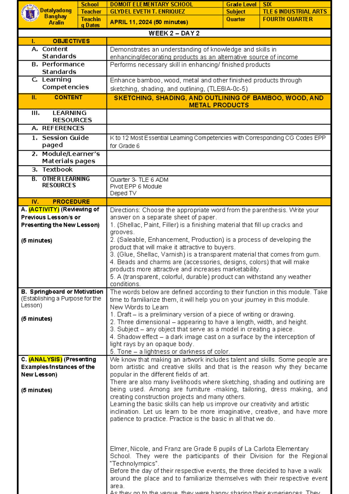 4TH Q WEEK 2 TLE 6 IA DAY 3 4 - Detalyadong Banghay Aralin School ...