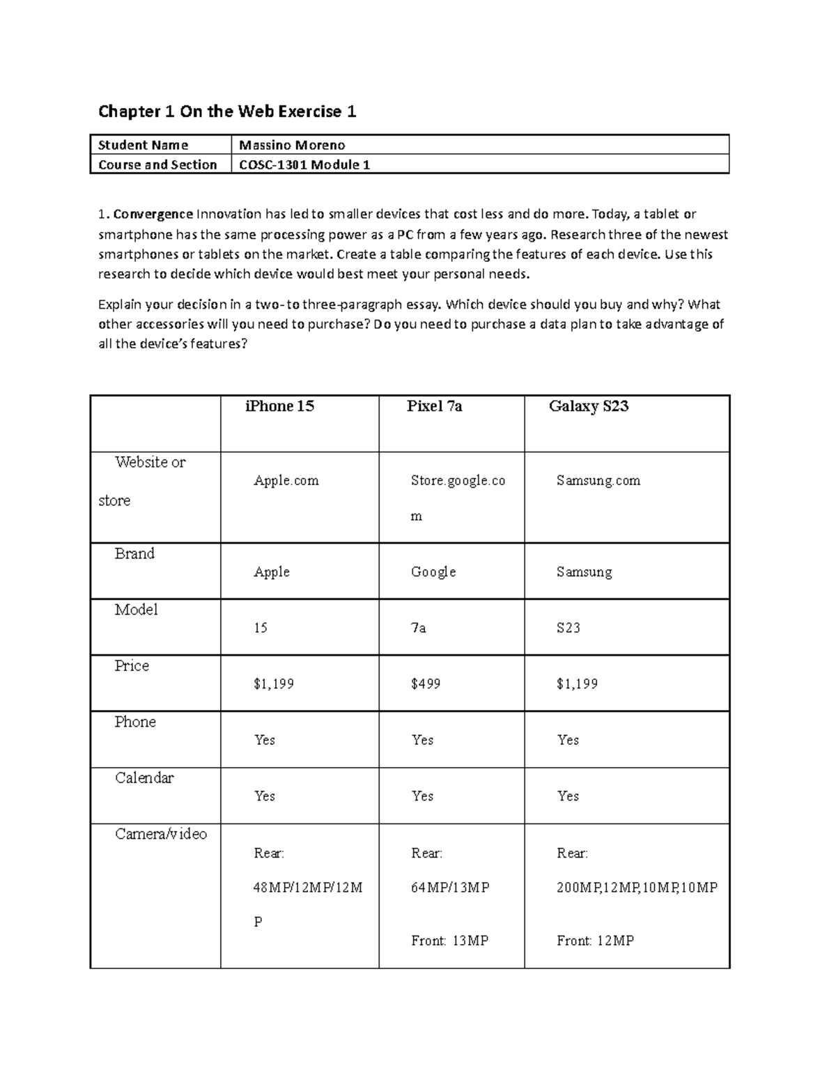 OTW1 answersheet - Chapter 1 On the Web Exercise 1 Student Name Massino ...