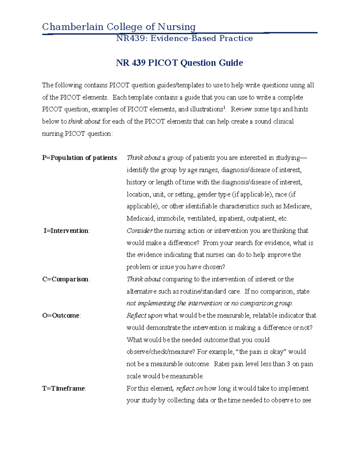 NR439 Guide for writing Picot Questions and Examples 52019 ac - NR439 ...