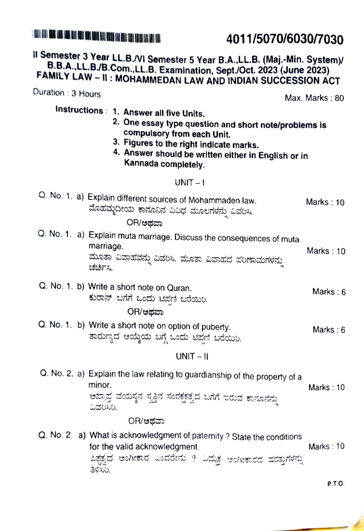 Family Law 2 Question Paper- Muslim Law Oct 2023 KSLU - ISemester 3 ...