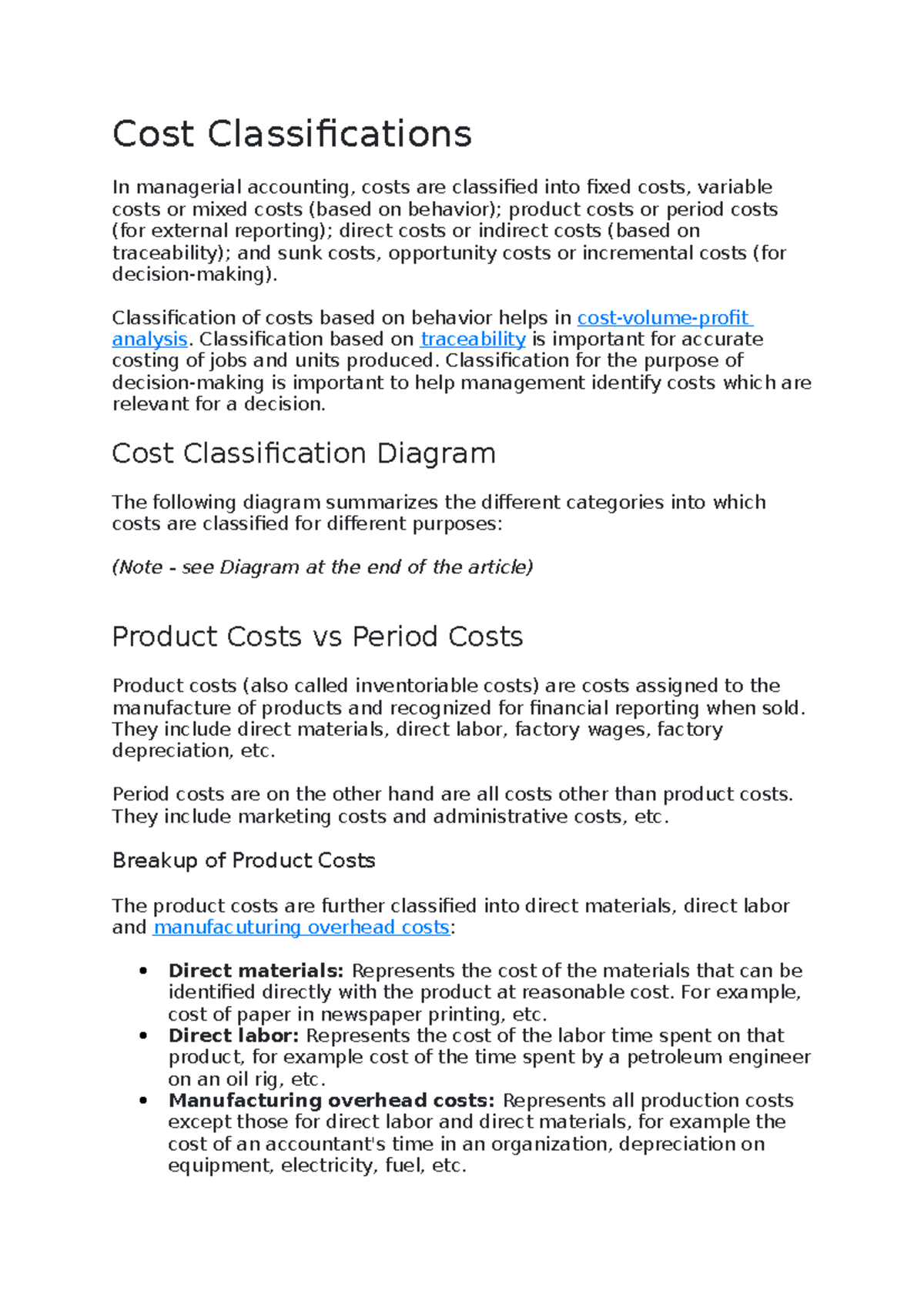 Pre-Reading Cost Classifications - Cost Classifications In managerial ...