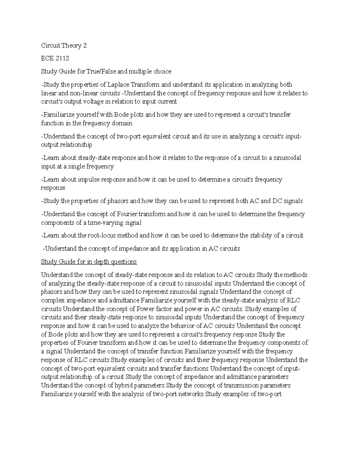 Circute Theroy II - Study guide - Circuit Theory 2 ECE 2112 Study Guide ...
