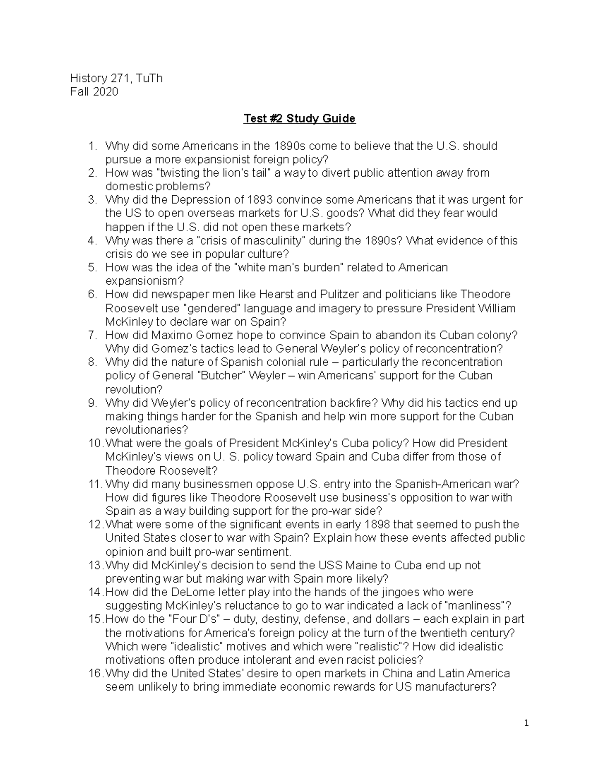 Test 2 study guide - History 271, TuTh Fall 2020 Test #2 Study Guide ...