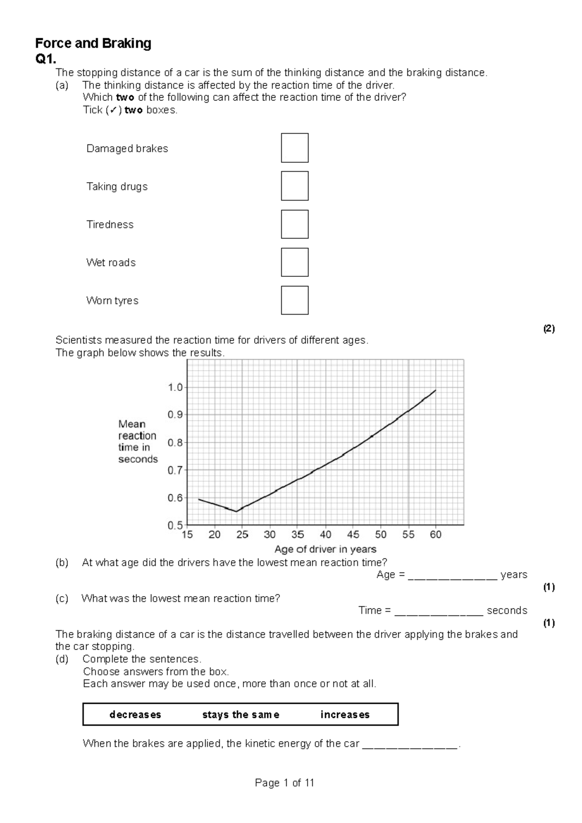 Force and braking exam questions - differentiated - Force and Braking ...