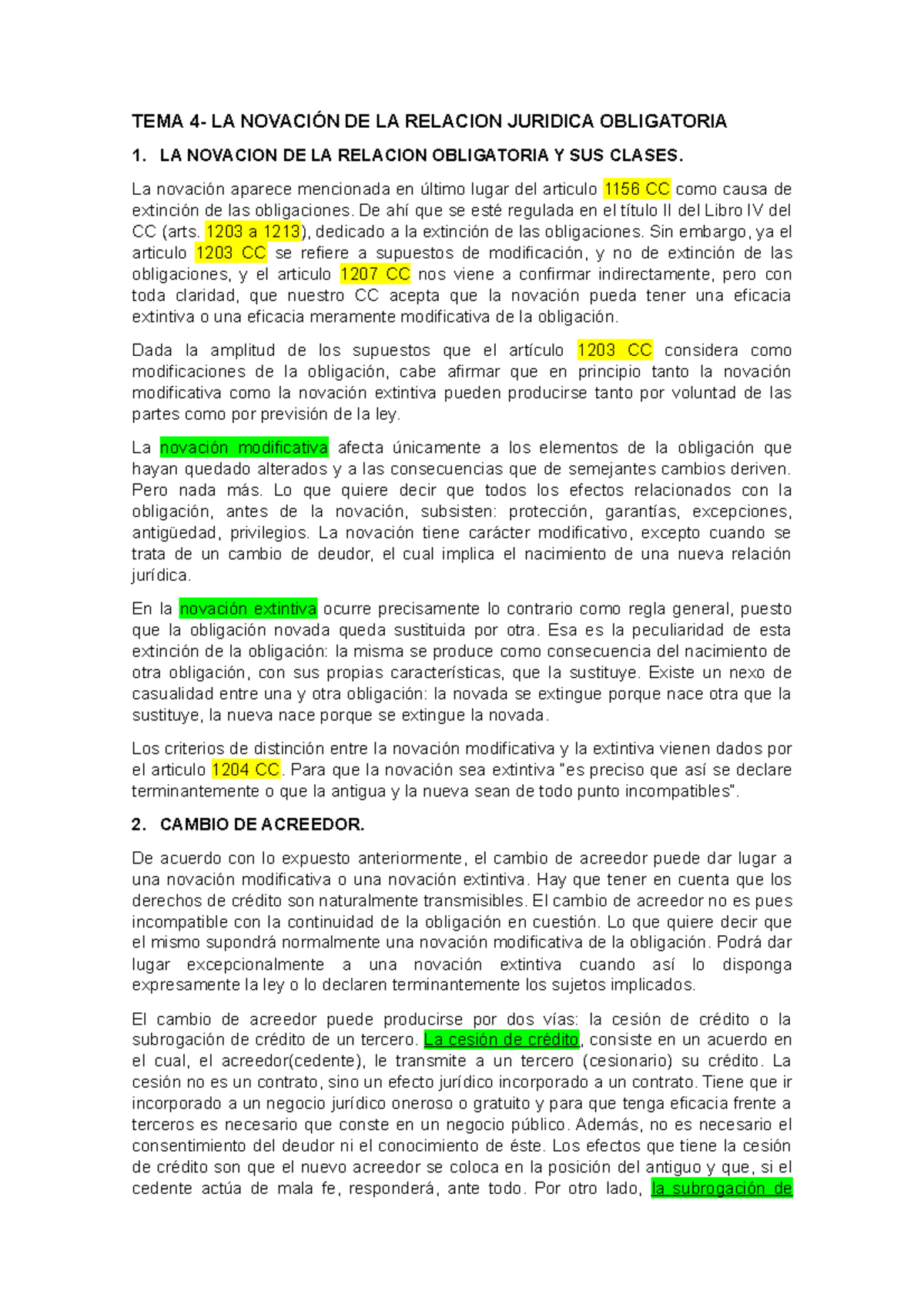 Tema 4 civil - TEMA 4- LA NOVACIÓN DE LA RELACION JURIDICA OBLIGATORIA ...