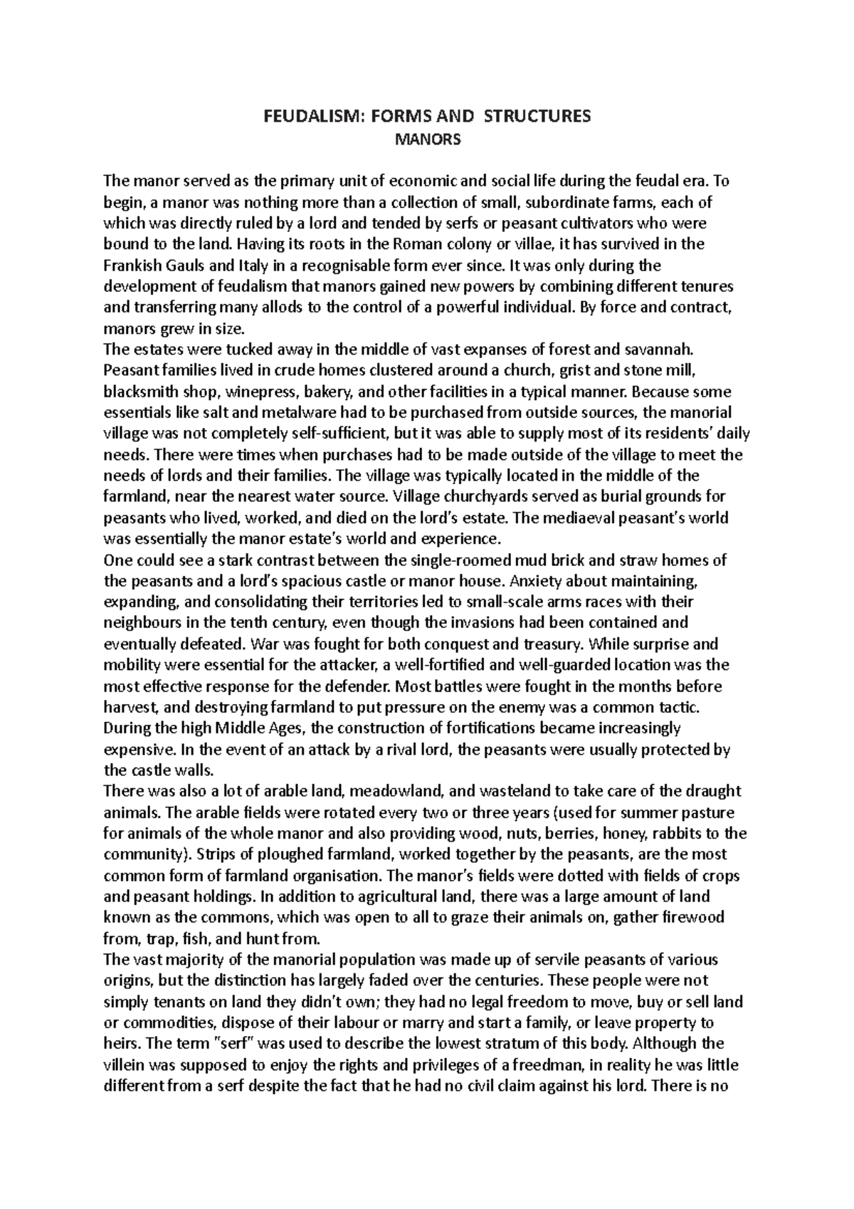 Feudalism- Forms AND Structures - Manors - FEUDALISM: FORMS AND ...