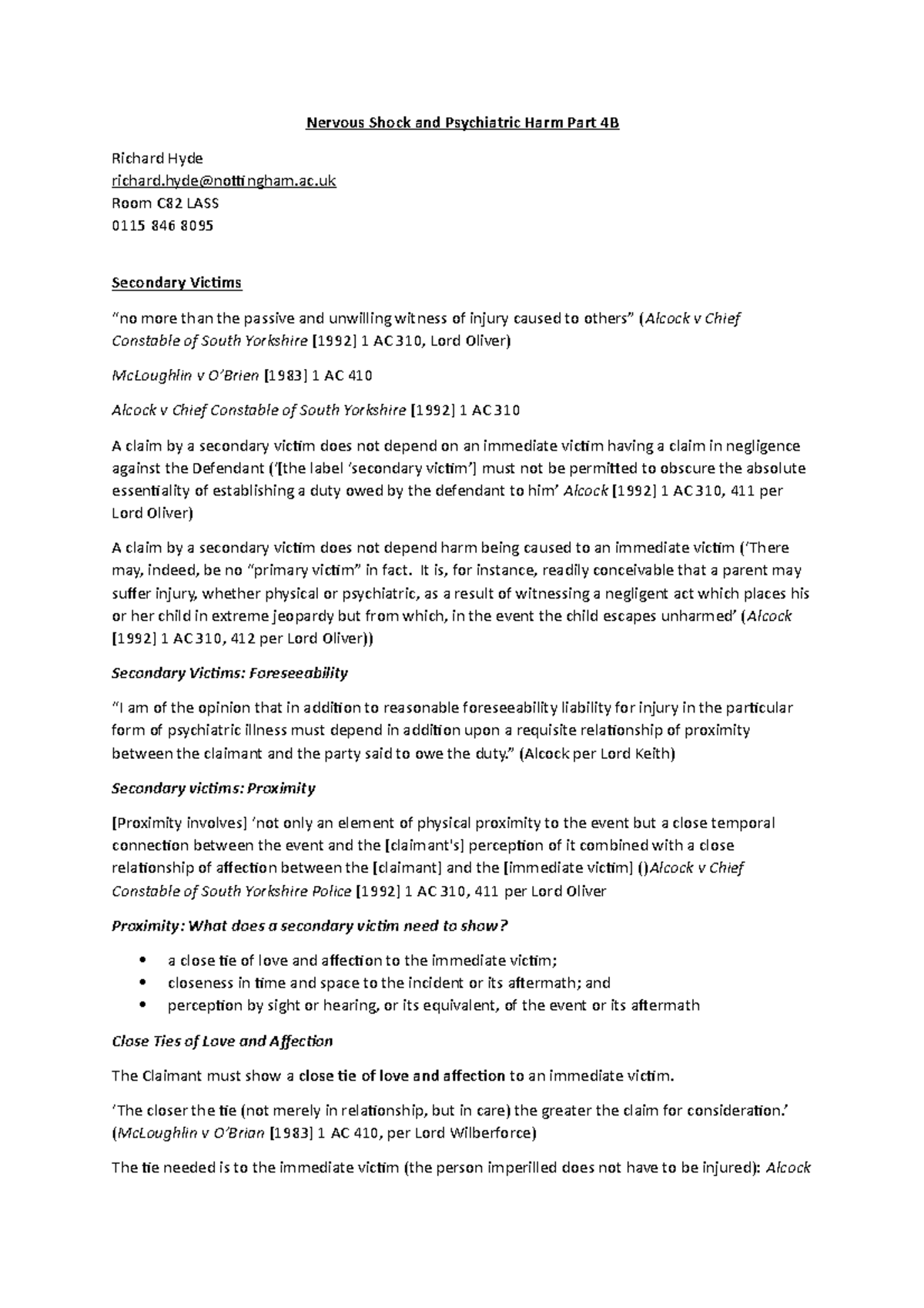 Nervous Shock and Psychiatric Harm Part 4B Handout - Nervous Shock and ...