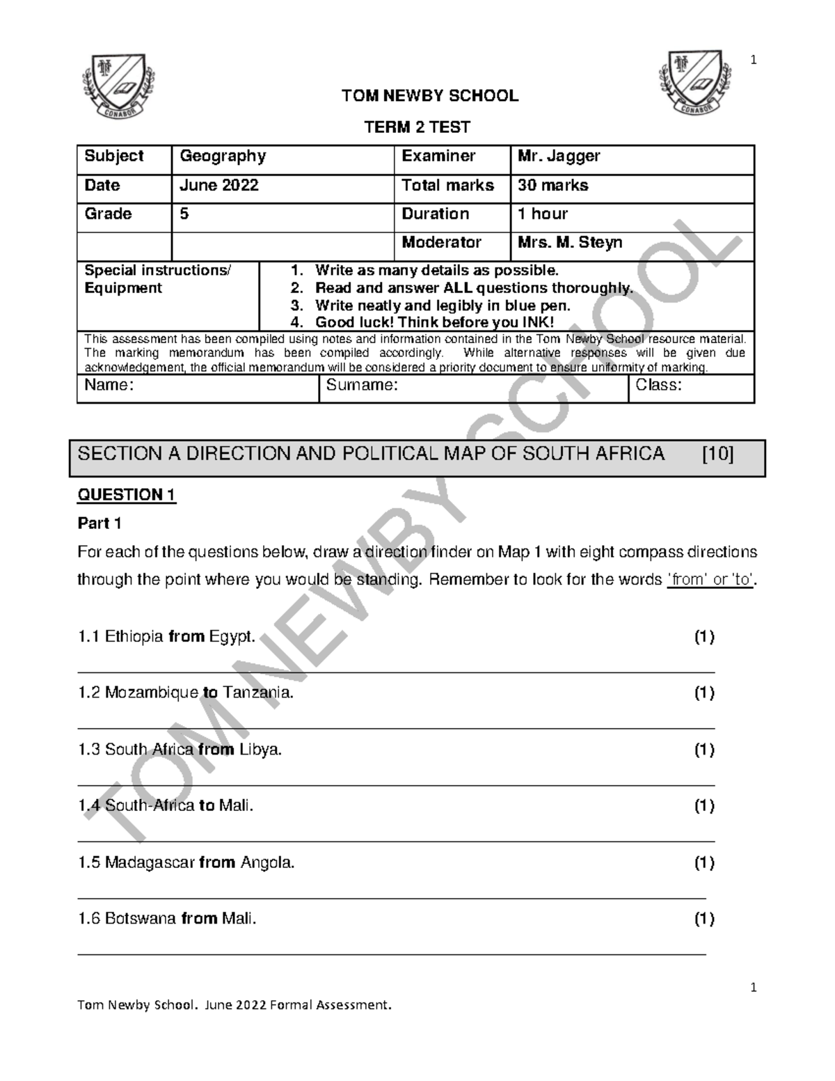 Grade 5 Geography Exam June 2022 - 1 TOM NEWBY SCHOOL TERM 2 TEST ...