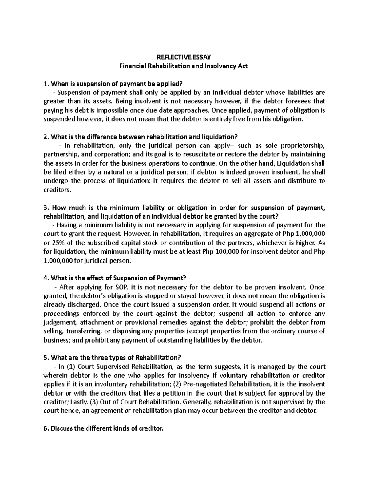 LAW Reflective Essay - REFLECTIVE ESSAY Financial Rehabilitation and ...