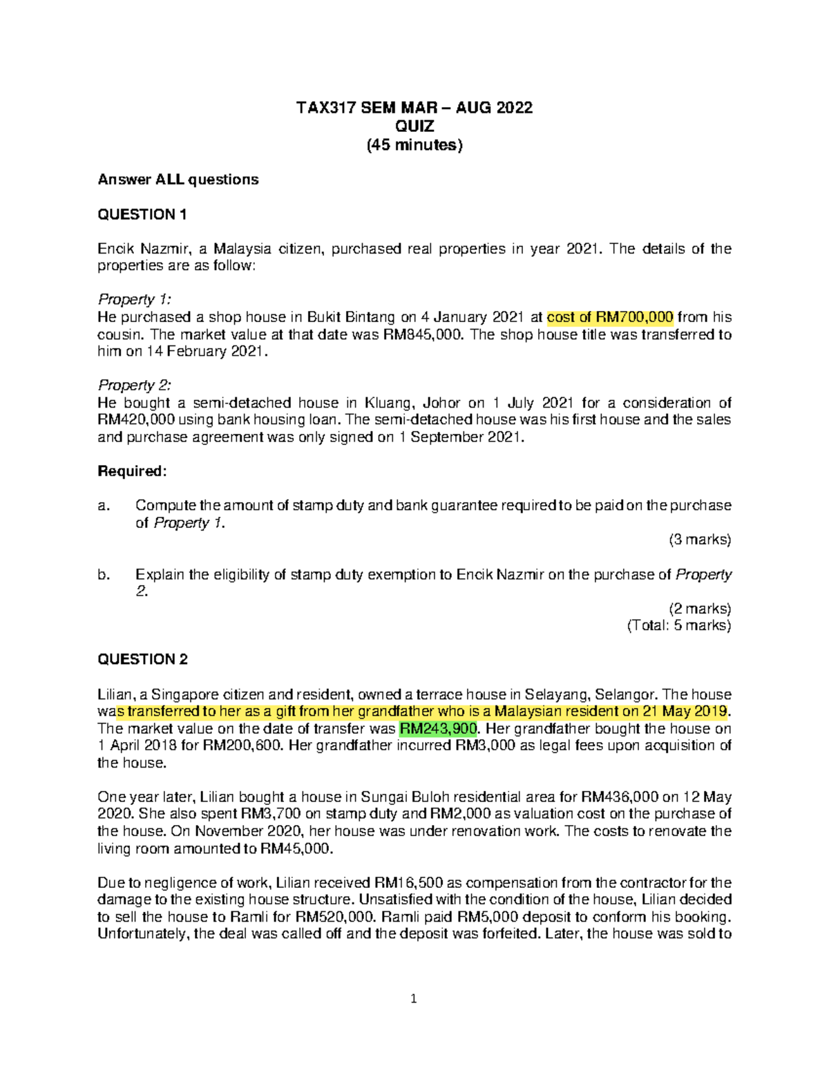 TAX317 QUIZ MAR-AUG2022 Q - 1 TAX317 SEM MAR – AUG 2022 QUIZ (45 ...