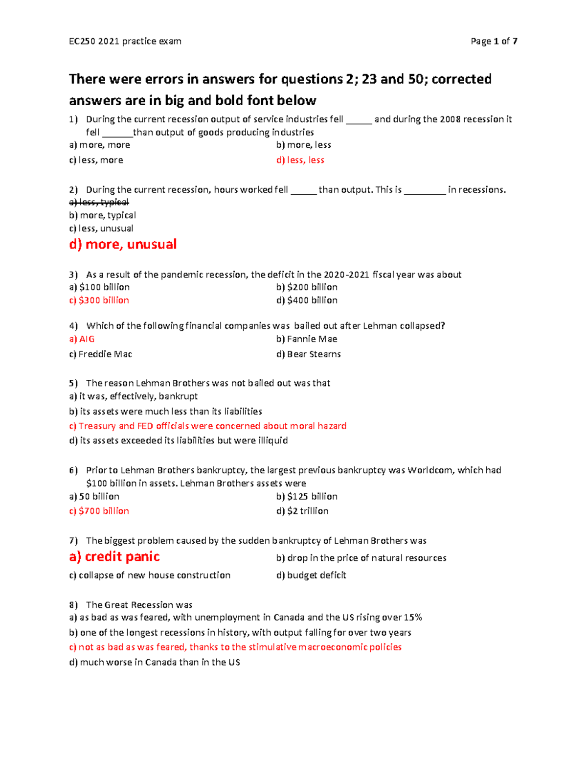 EC250 2021 practice mid-term with answers Corrected - There were errors in answers for questions ...