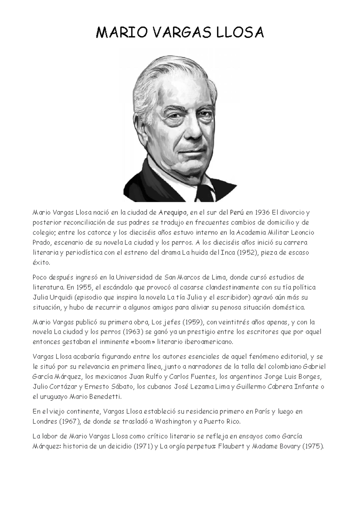 Mario Vargas Llosa - MARIO VARGAS LLOSA Mario Vargas Llosa nació en la ...