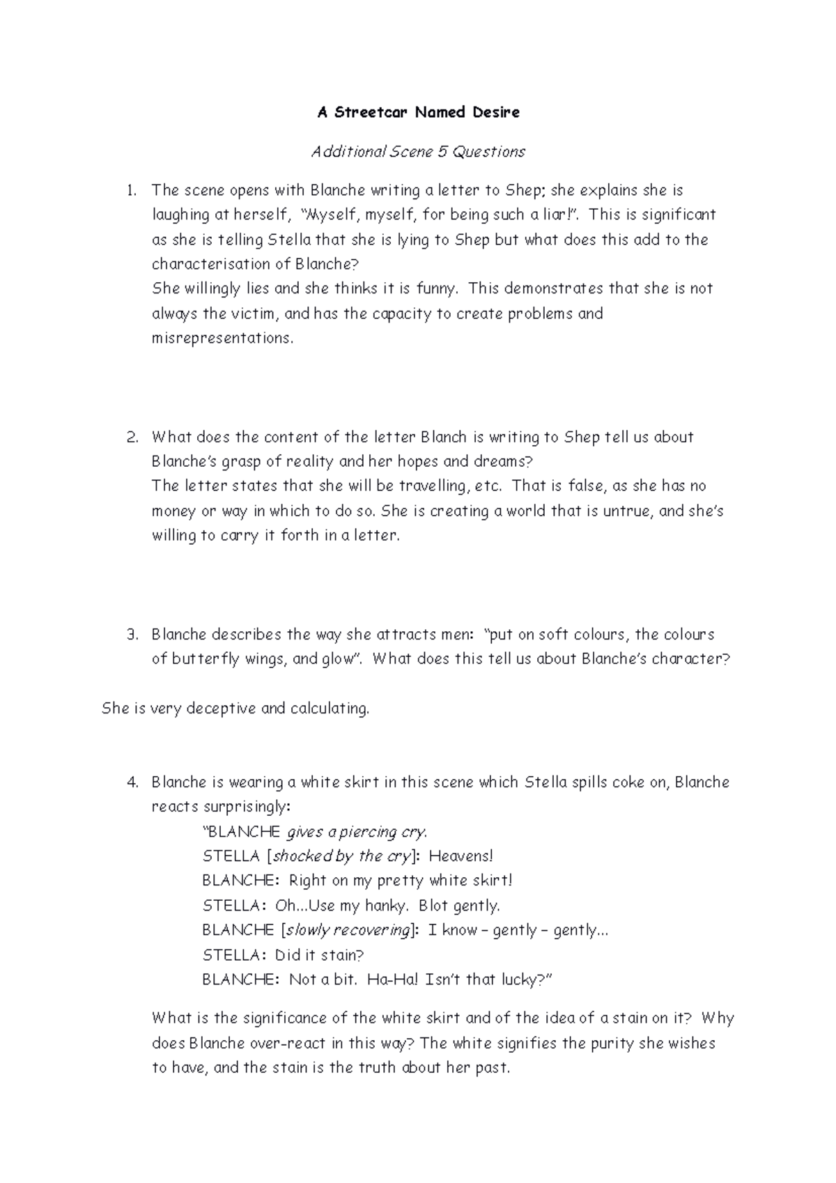 Extra Scene 5 Questions Answers - A Streetcar Named Desire Additional ...