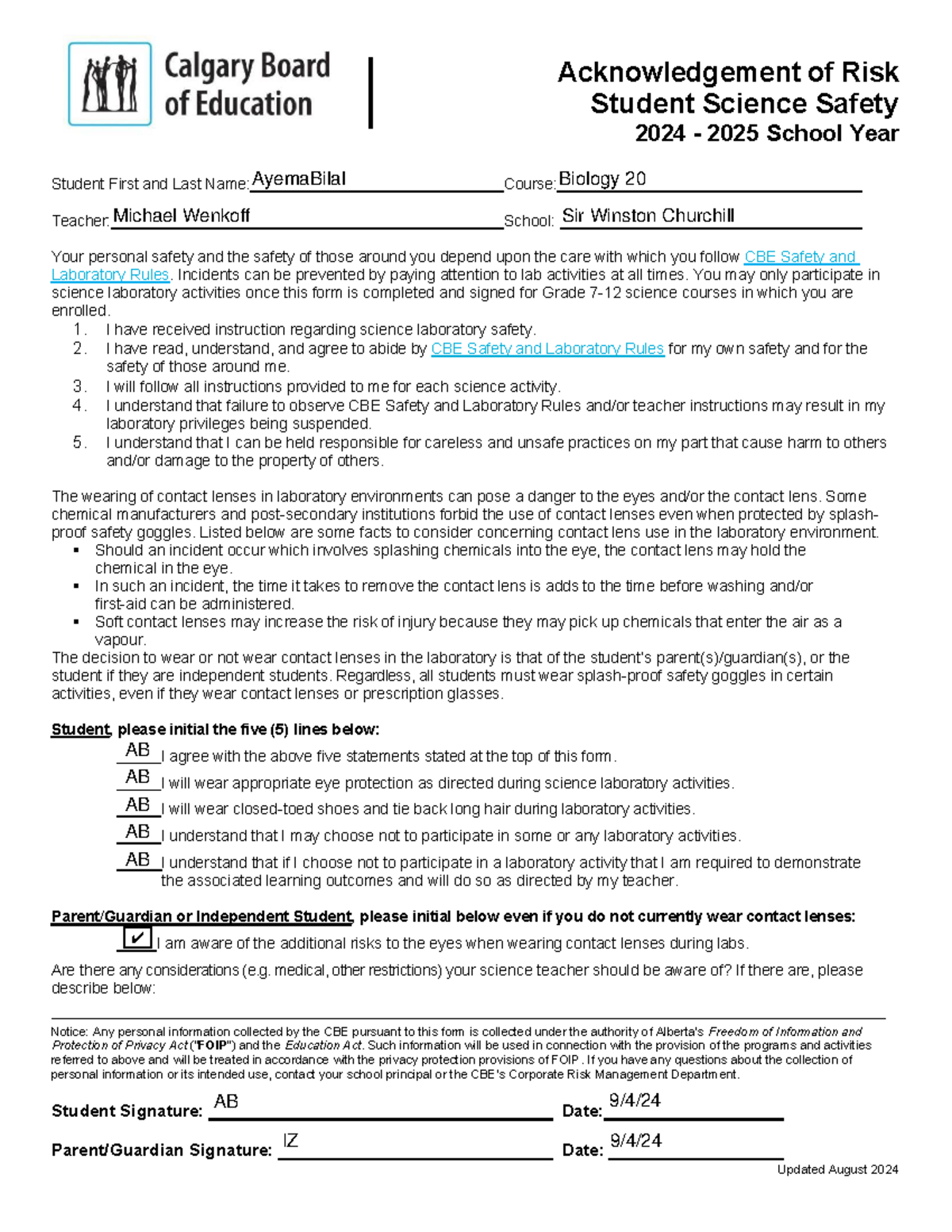 Lab safety - lol - Updated August 2024 Acknowledgement of Risk Student ...