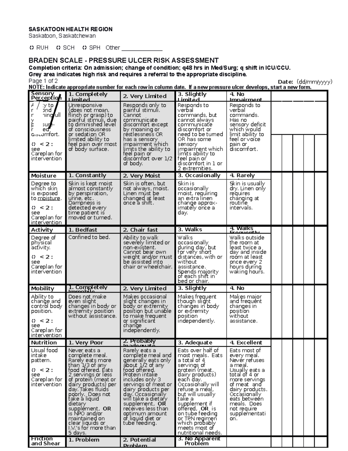 Braden Risk Assessment Tool - SASKATOON HEALTH REGION Saskatoon ...