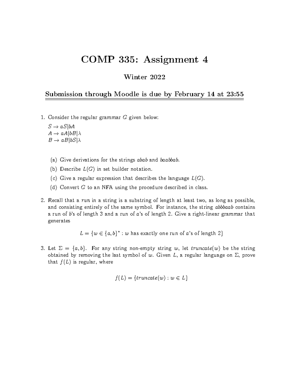 Assignment 4 - Introduction to Theoretical Computer Science - COMP 335: Assignment 4 Winter 2022 ...