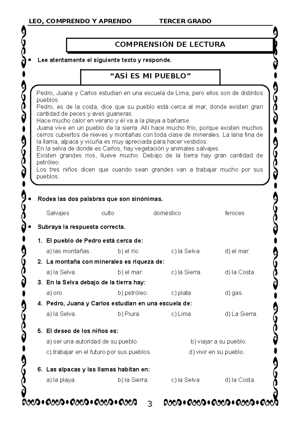 Examen DE Comprension Lectora 3º Grado - Lee atentamente el siguiente ...