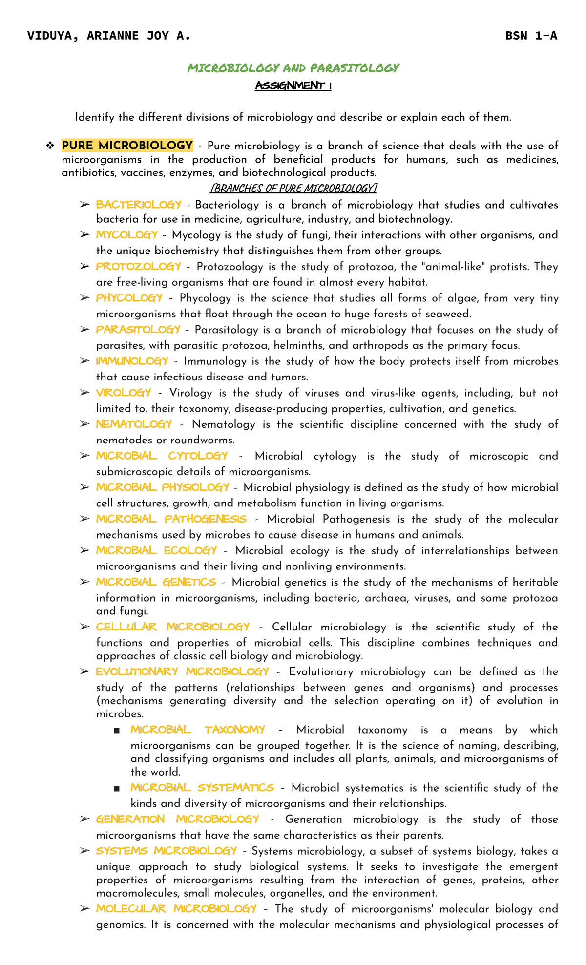 Assignment 1. - NOTES ABOUT THE DIFFERENT BRANCHE OF PURE MICROBIOLOGY ...