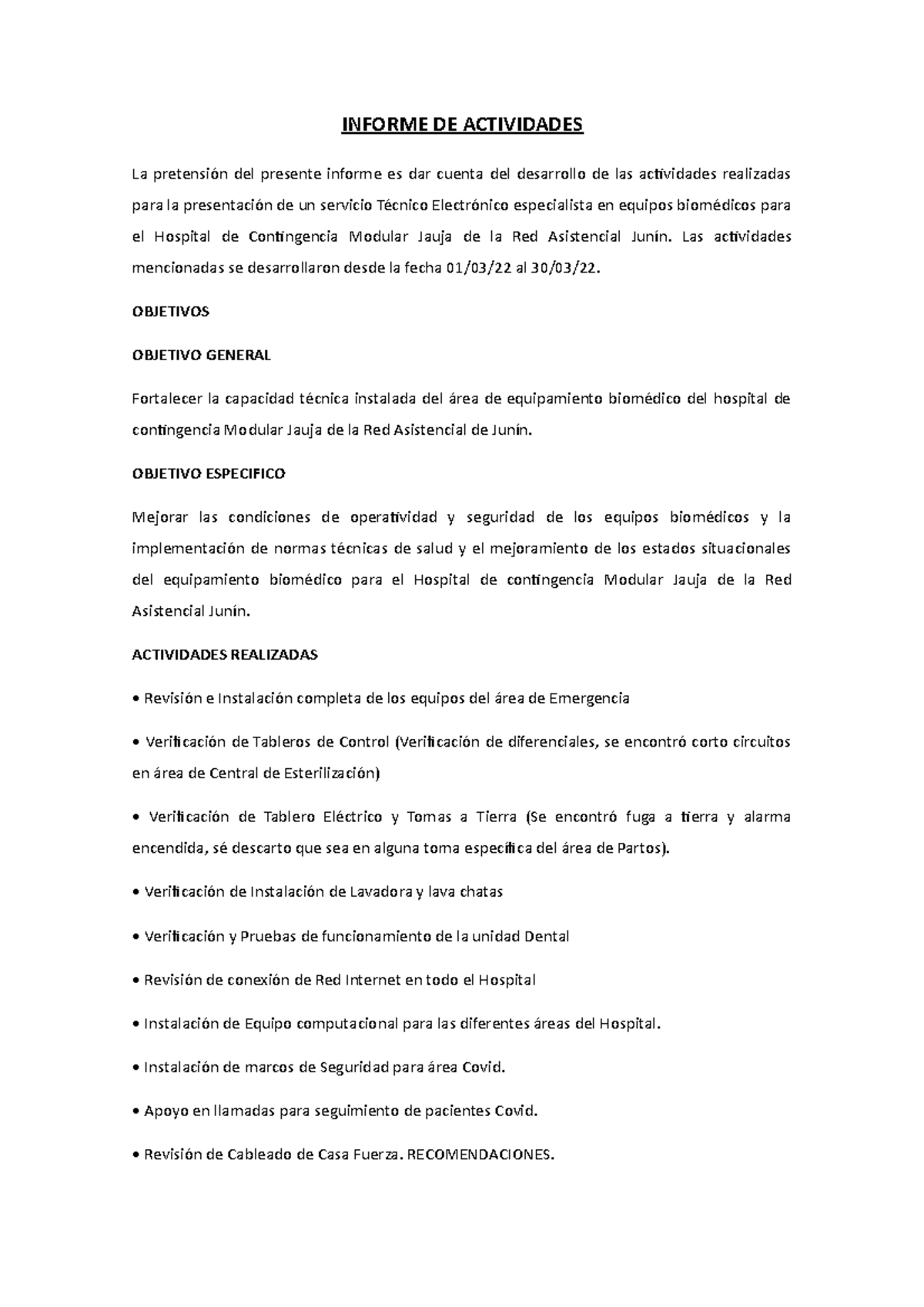 Informe DE Actividades - INFORME DE ACTIVIDADES La pretensión del ...