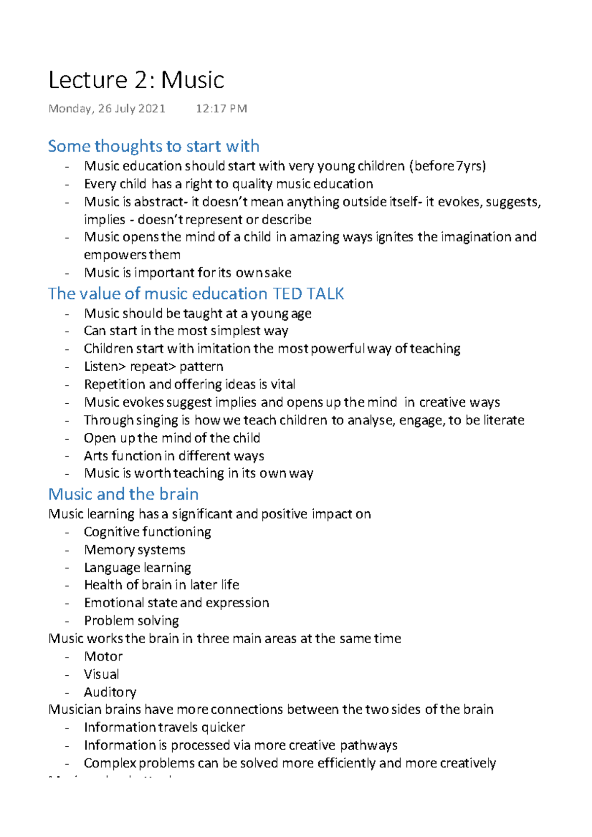 Lecture 2 Music - Some thoughts to start with Music education should ...