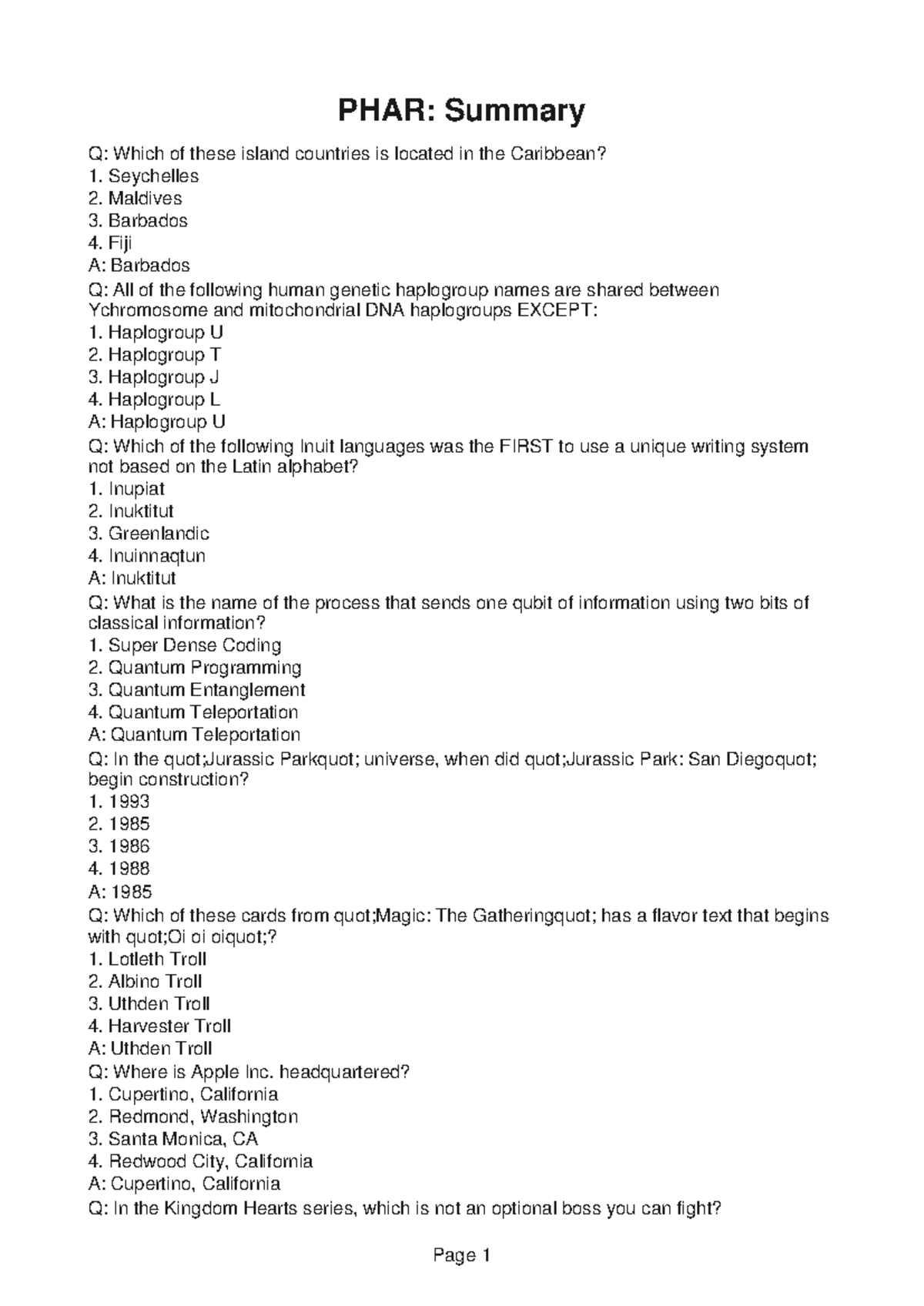PHAR243 Group Assignment 2 - PHAR: Summary Q: Which of these island countries is located in the ...