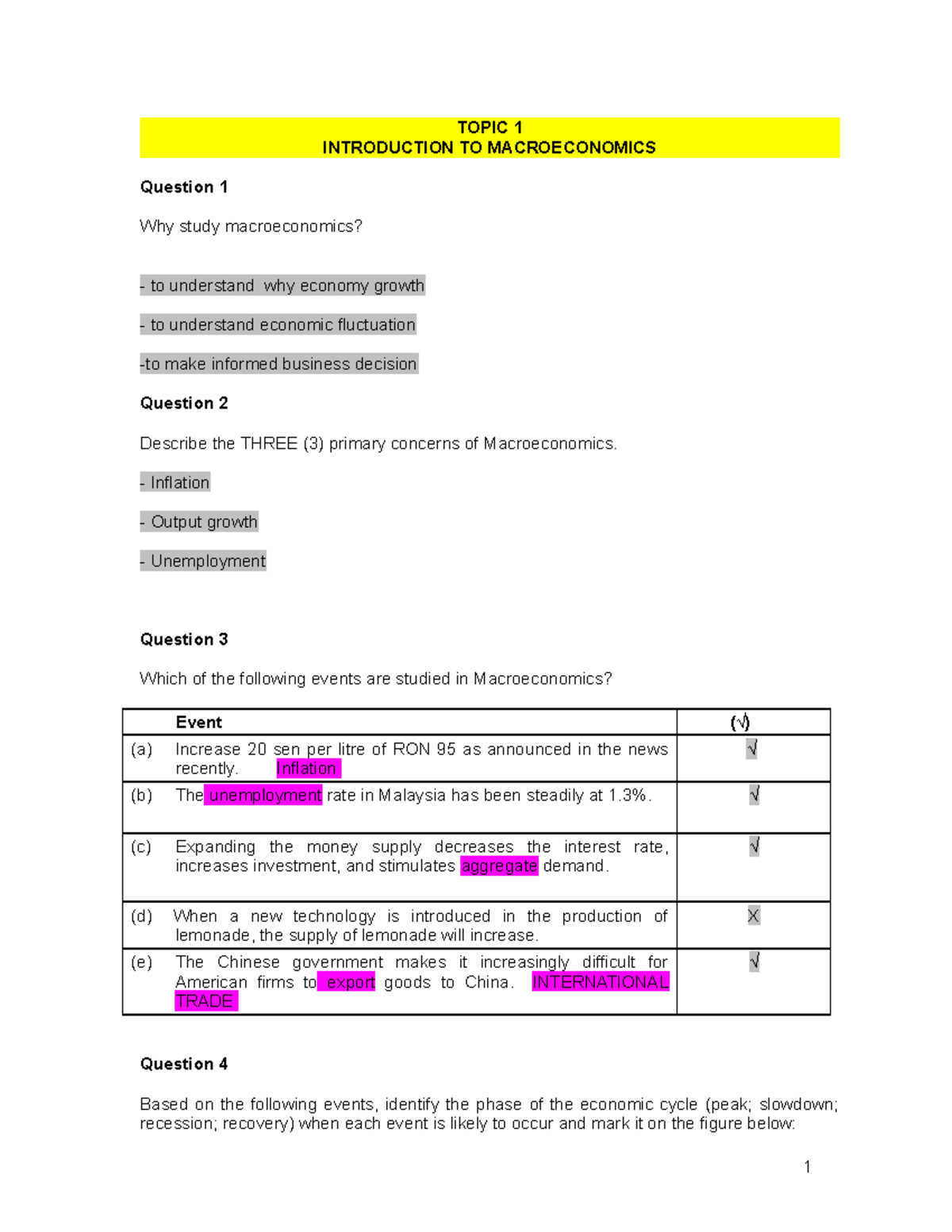 Topic review 1 - Tutorial work - TOPIC 1 INTRODUCTION TO MACROECONOMICS ...